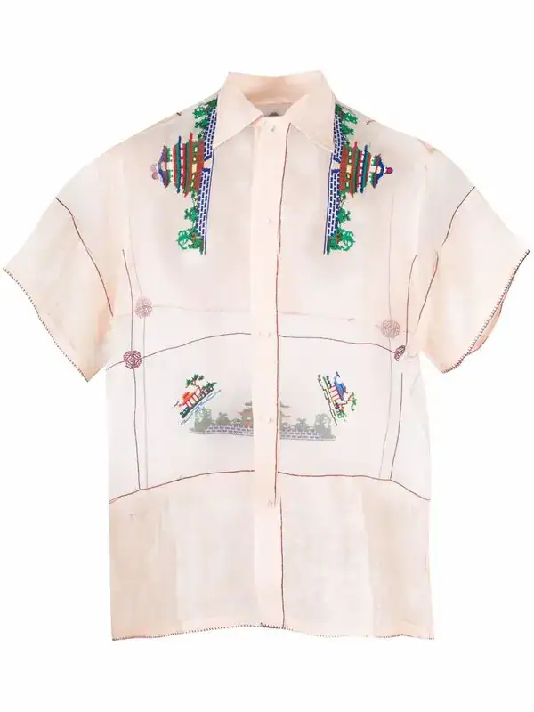 Bode Pagoda Embroidered Sheer Shirt - Neutrals | Editorialist