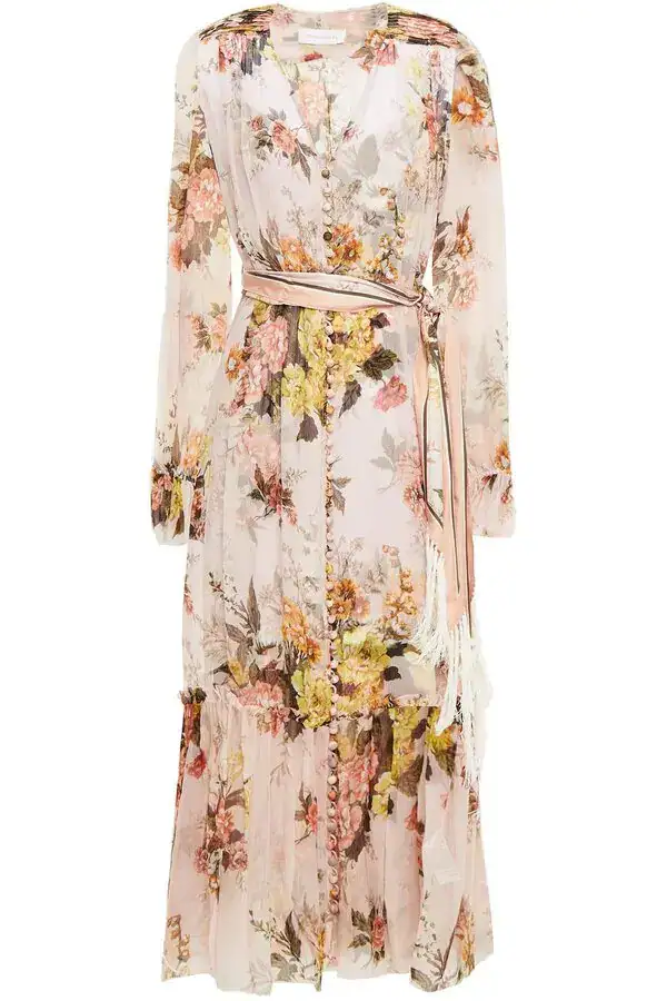 zimmermann brightside wrap midi dress Zimmermann Brightside Lantern Belted Floral-Print Silk-Georgette Midi Dress  Size In Blush - 45% Off