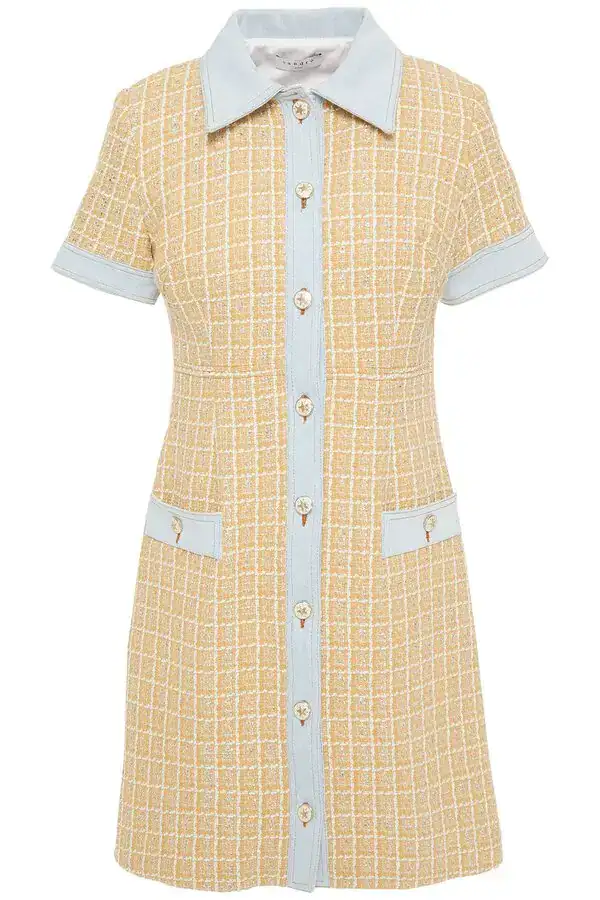 Sandro Mella Denim-Paneled Metallic Cotton-Blend Tweed Mini Dress In Beige  - 60% Off | Editorialist