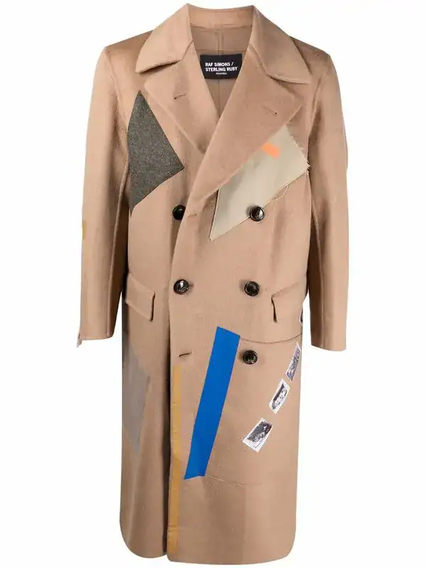Raf Simons Patchwork-Detail Double-Breasted Coat - Neutrals