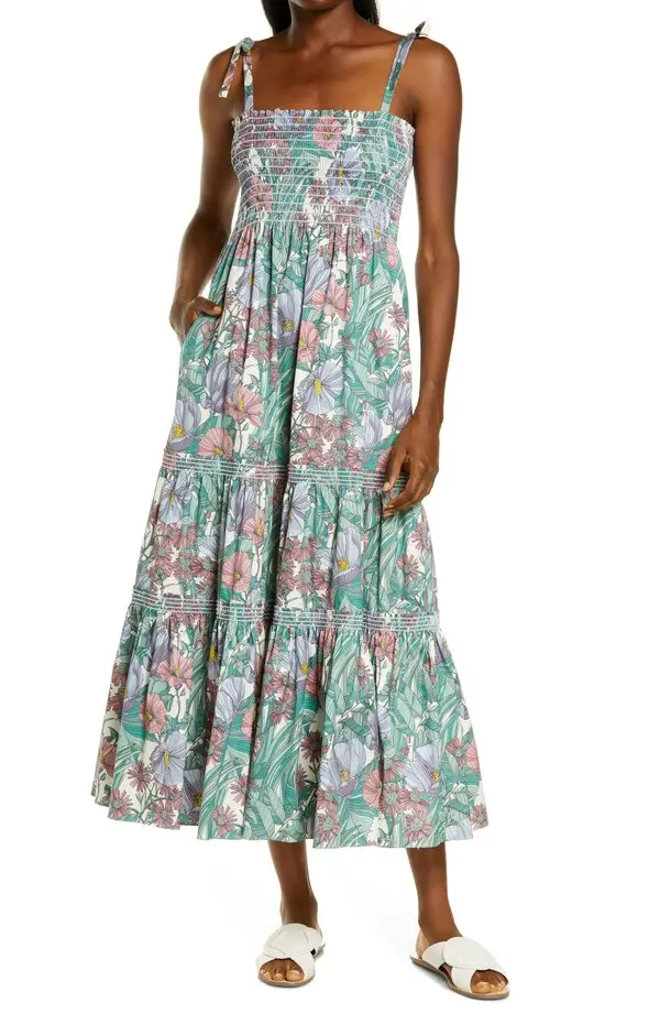Tory Burch Floral Print Tie Shoulder Midi Cover-Up Sundress - Green |  Editorialist