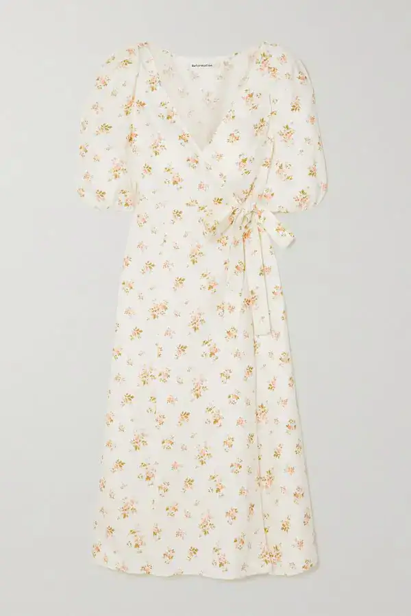 Reformation Mint Floral-Print Linen Wrap Midi Dress - White | Editorialist