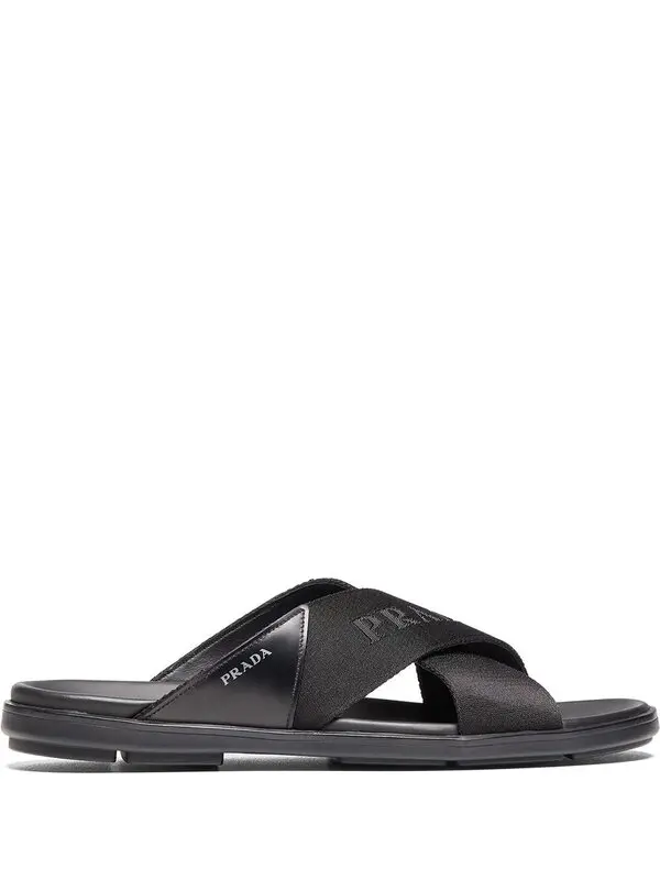 NWT Prada Logo-Detail Crisscross Slides in Black Size US 6 Black Saffiano Leather Crisscross Slides | PRADA main image 3