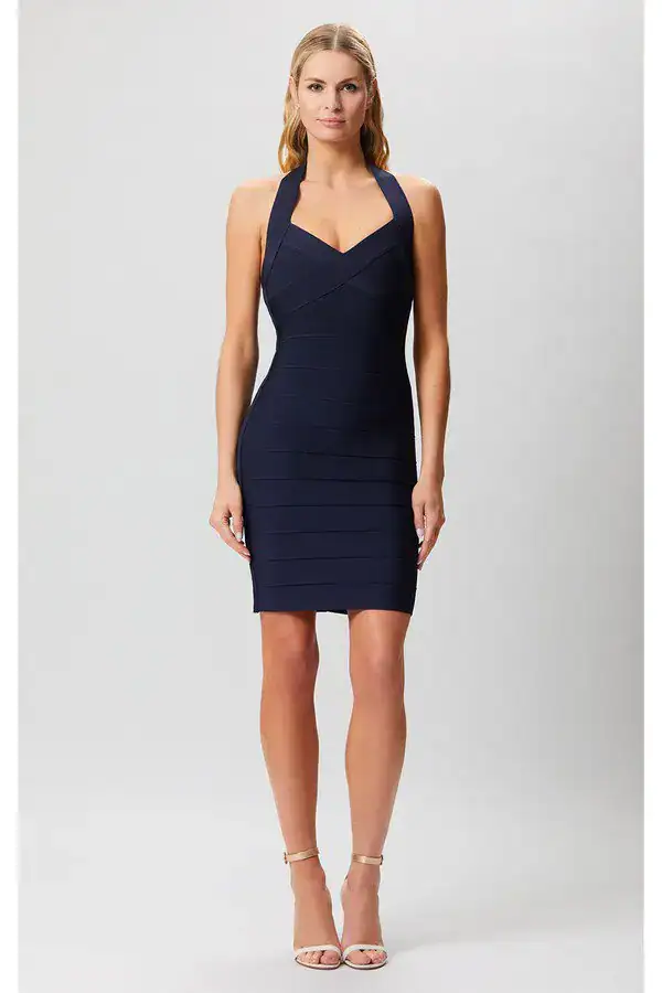 Herve Leger Off The Shoulder Icon Halter Mini Dress In Blue / Navy - 50%  Off | Editorialist