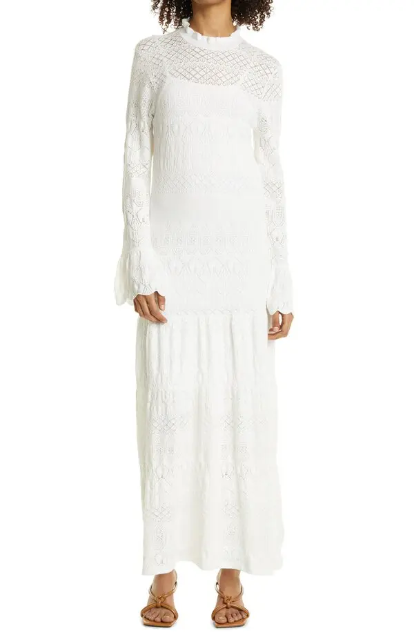 Haute Hippie Long Sleeve Pointelle Knit Maxi Dress - White | Editorialist