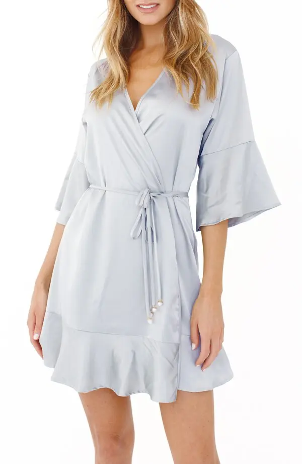 PLUM PRETTY SUGAR Ruffle Satin Short Robe - Blue | Editorialist