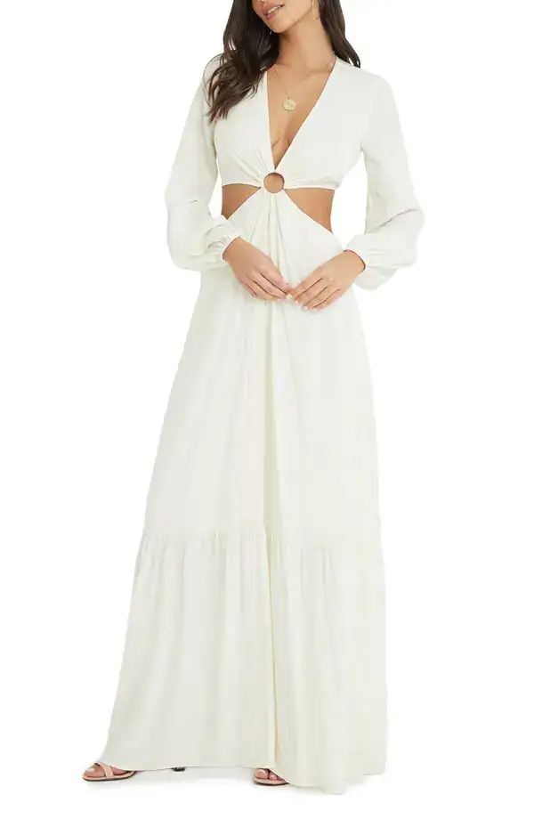vici long sleeve dress VICI yellow printed maxi dress, draped neckline,long sleeve, elastic waist  NEW L
