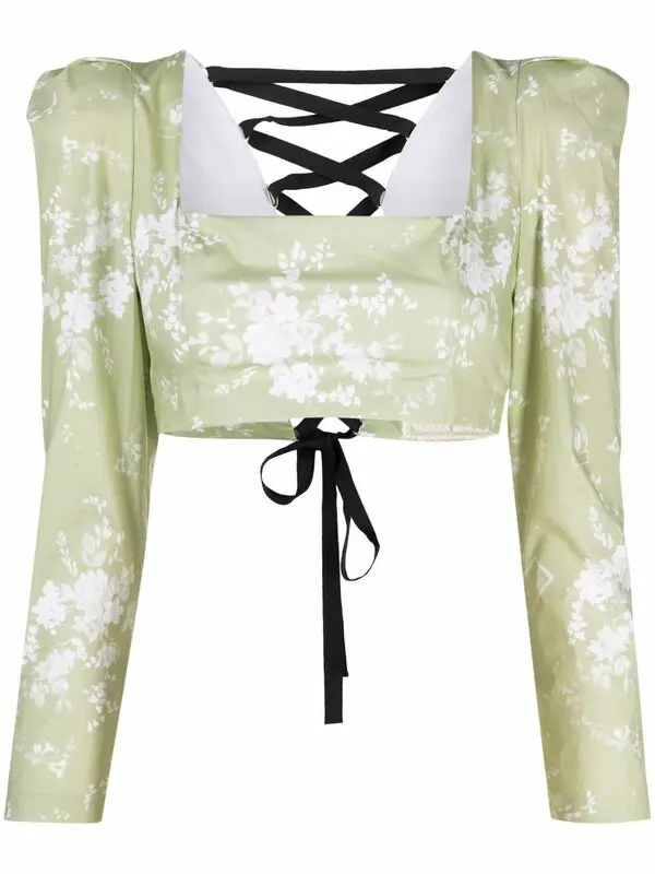 ULYANA SERGEENKO Cropped Floral-print Blouse - Black