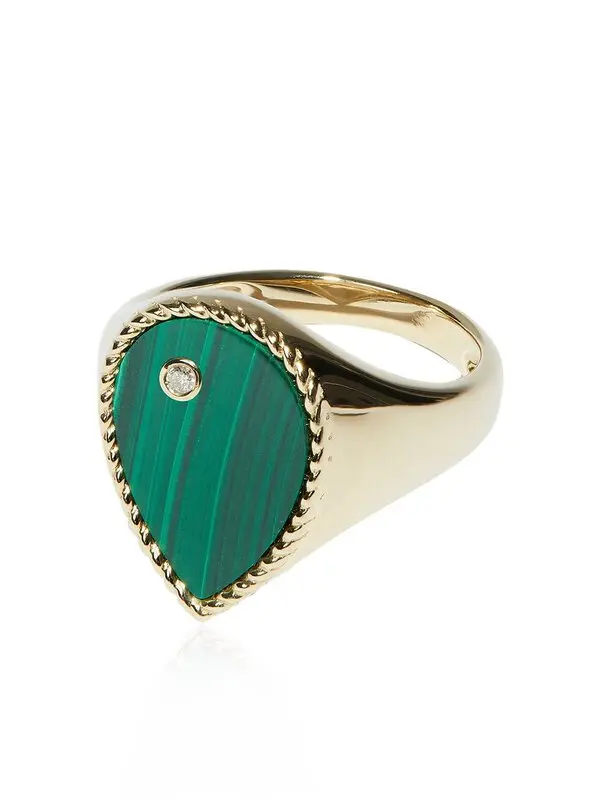 Yvonne Léon 9kt Yellow Malachite Pear Diamond Signet Ring