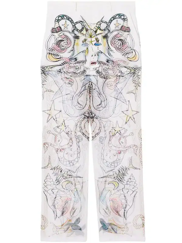 Burberry Marine Sketch Print Sheer Trousers White Editorialist