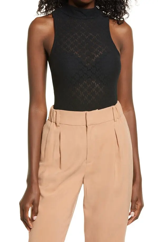 Open Edit Mock Neck Lace Bodysuit - Black | Editorialist