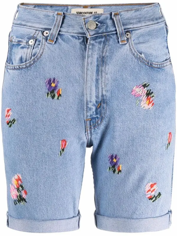 SEMICOUTURE Floral-embroidered Denim Shorts