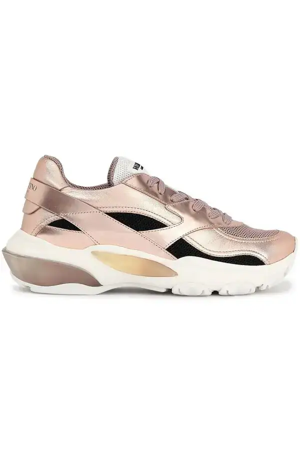 Valentino Garavani Mesh And Metallic Faux Leather Sneakers In Rose