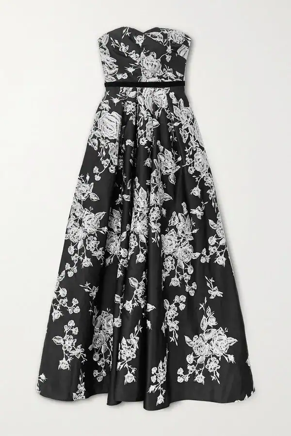 Marchesa Strapless Velvet-Trimmed Embroidered Duchesse-Satin Gown In Black  - 60% Off | Editorialist