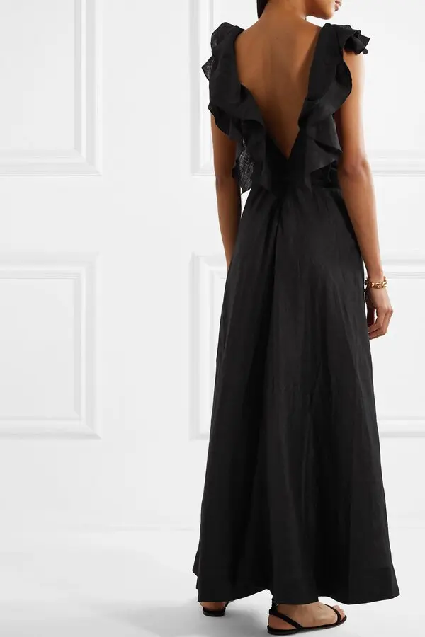Kalita Eros Belted Ruffled Linen Maxi Dress In Black - 50% Off |  Editorialist