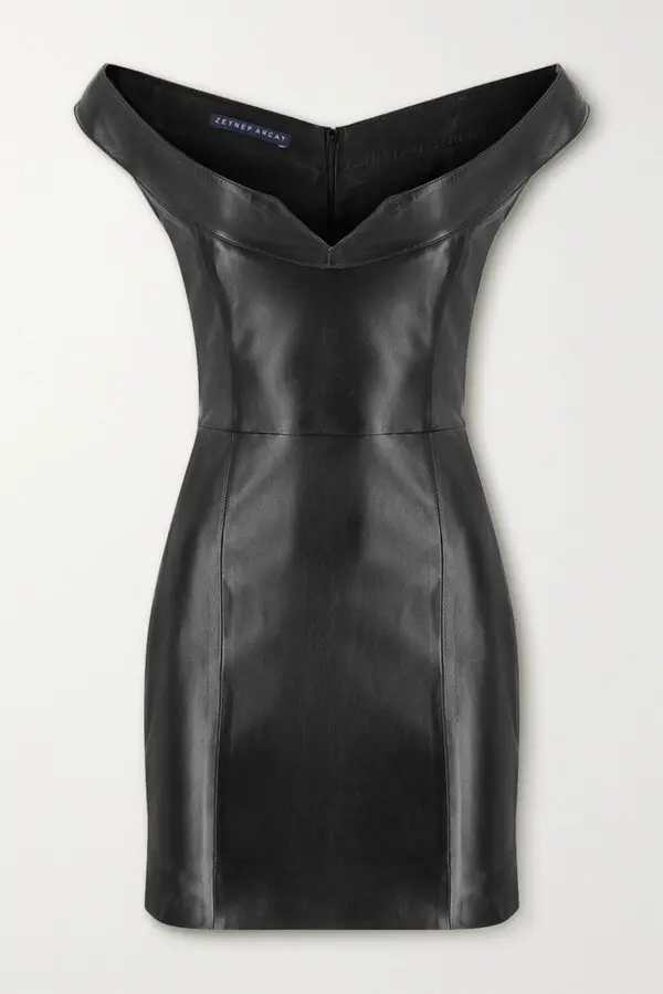 Zeynep ArAy Off-The-Shoulder Leather Mini Dress In Black - 50% Off |  Editorialist