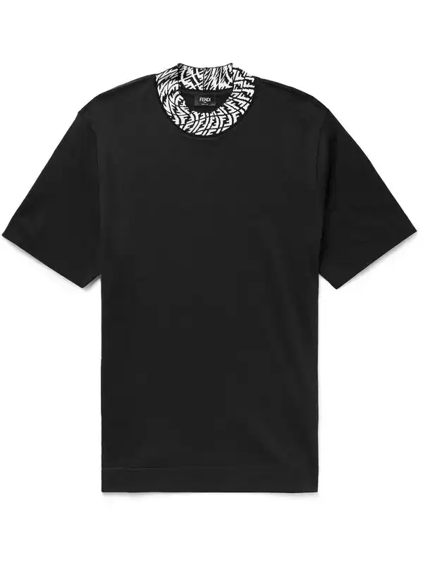 Fendi Logo-Jacquard Trimmed Cotton-Jersey T-Shirt S - Black 