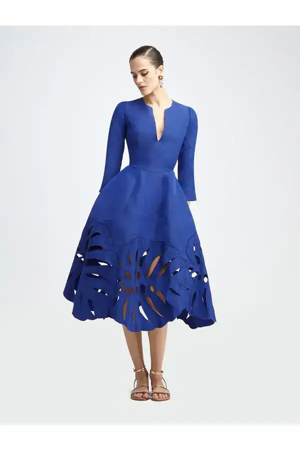 Oscar De La Renta Palm Leaf 3/4 Sleeve A-Line Dress In Blue - 50% Off |  Editorialist