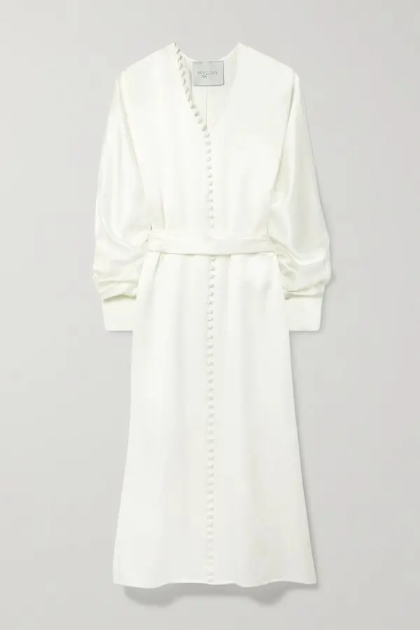 Envelope 1976 Cannes Belted Button-Detailed Silk-Satin Midi