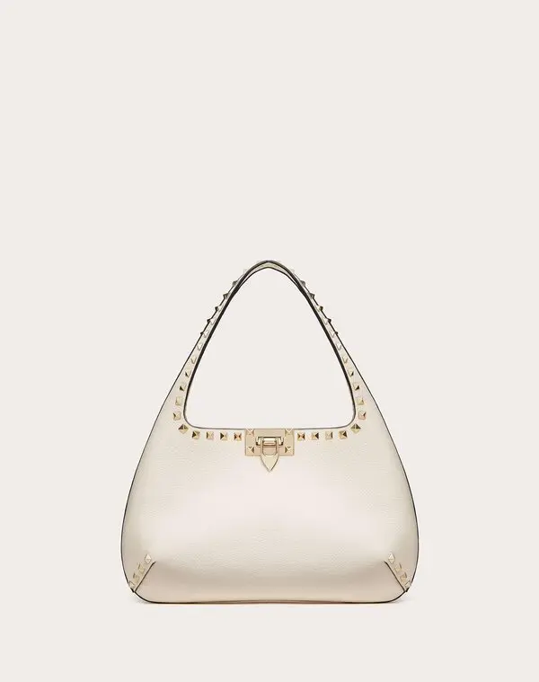 Valentino Garavani Small Rockstud Grainy Calfskin Hobo Bag In
