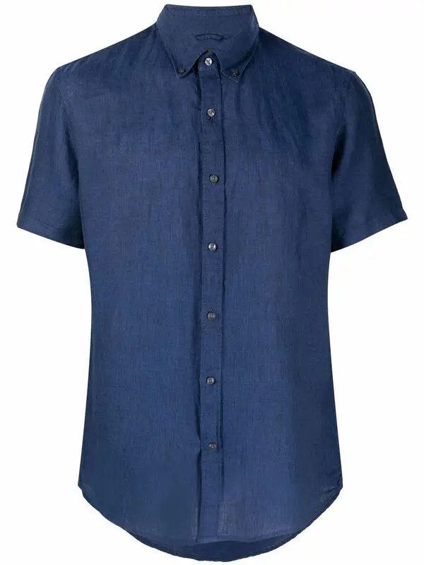 Michael Kors Button-down Short-sleeve Linen Shirt - Blue