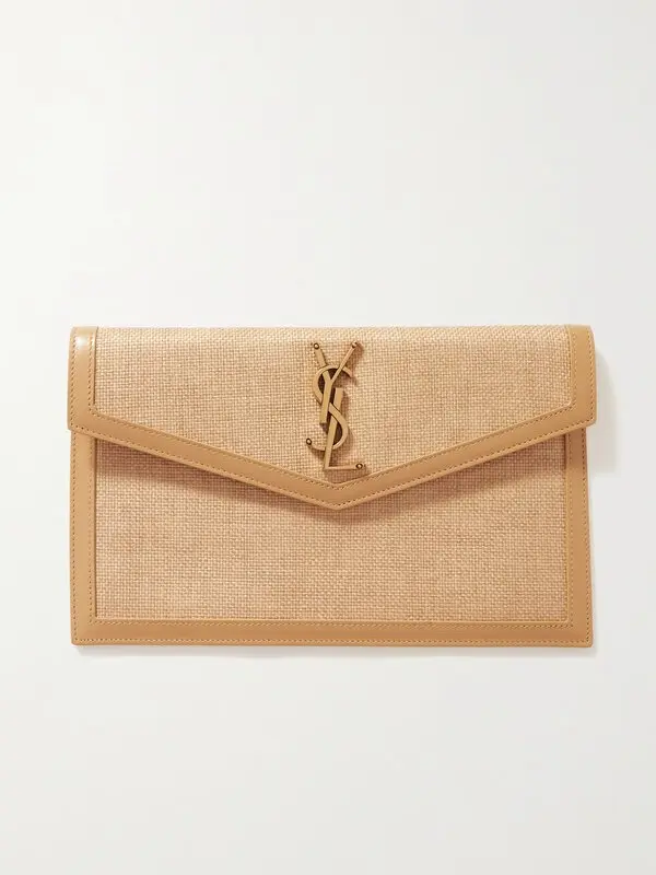 Saint Laurent Uptown Leather-trimmed Raffia Pouch - Neutrals