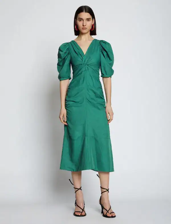 chinese dress ladies Gauge81 Naha Draped Linen-Blend Mini Shirt Dress - Bright Green