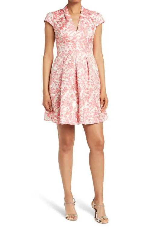Vince Camuto Floral Metallic Jacquard Fit Flare Dress In Coral