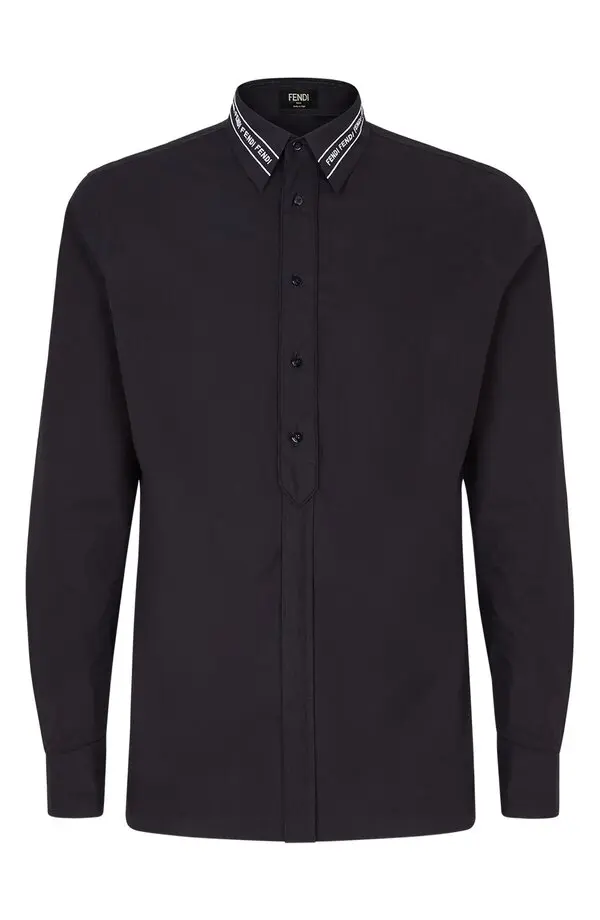 fendi black dress shirt $1750 NWT FENDI FF Logo-Print Silk-Satin Shirt EU 37 / US 14.5 Black FS0747  A4JK