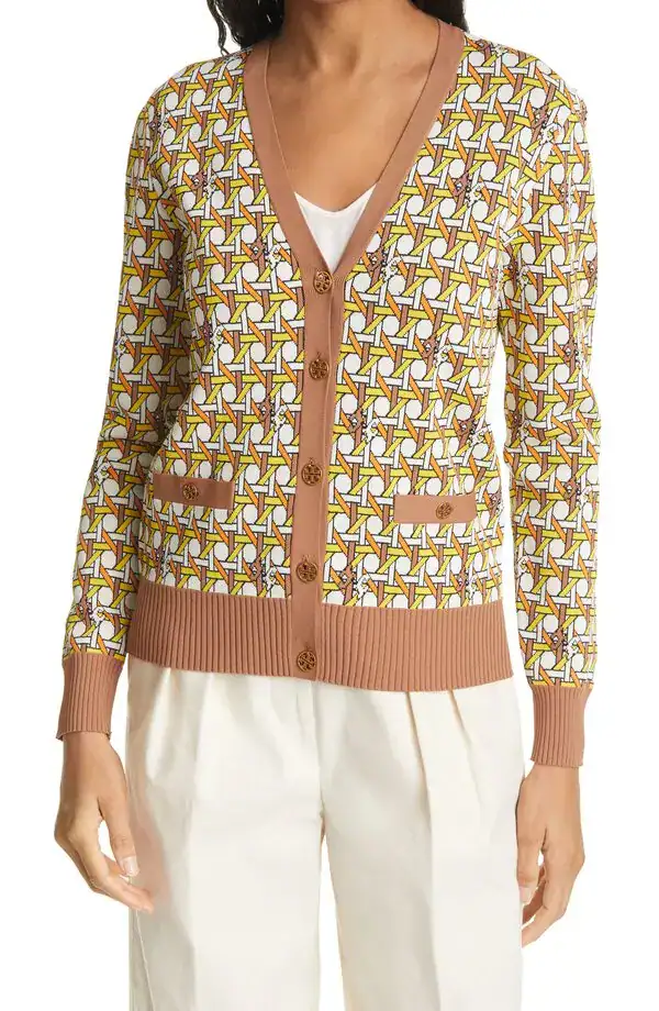 Tory Burch Madeline Basket Weave Cardigan In Light Brown Sugar