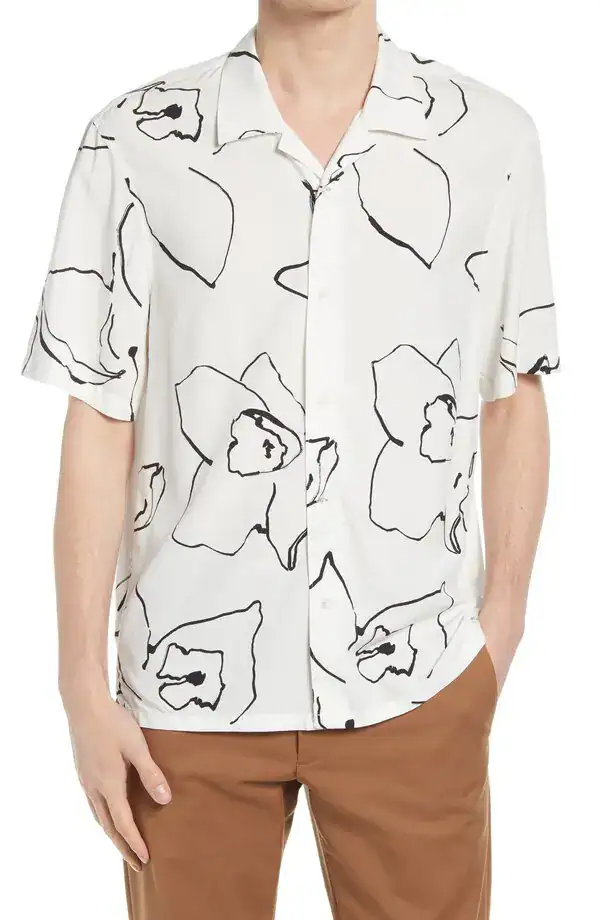Club Monaco Floral Print Short Sleeve Button-Up Shirt In Blanc De