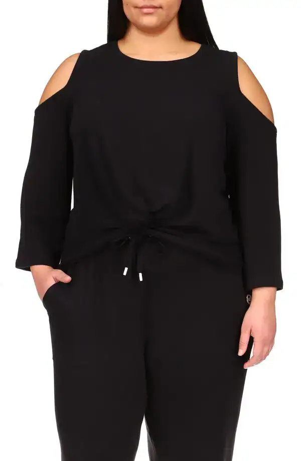 Michael Kors Cold Shoulder Twist Hem Long Sleeve T-Shirt In Black