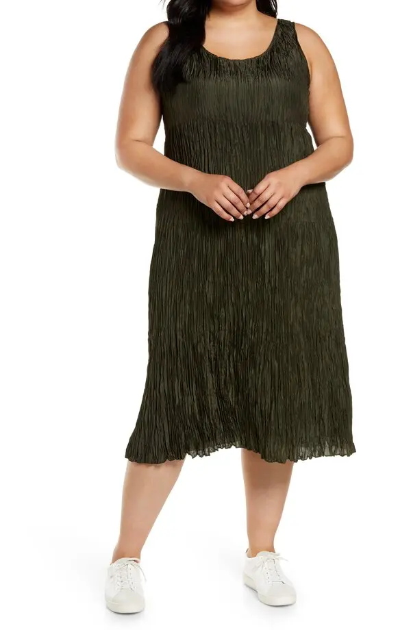 Eileen Fisher Crushed Silk Tiered Midi Dress Seaweed Editorialist - Main Image