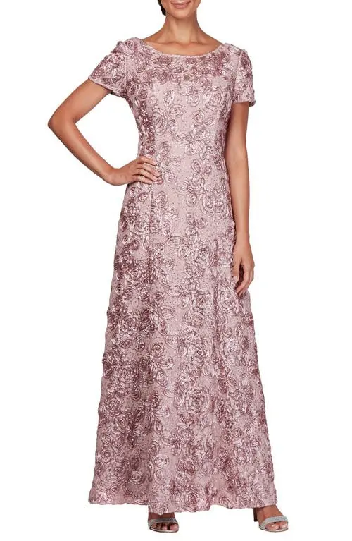 Alex Evenings Embellished Lace A-line Gown - Rose