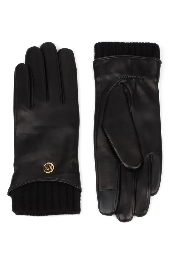 Michael Kors Metallic Logo Knit Cuff Leather Gloves Black
