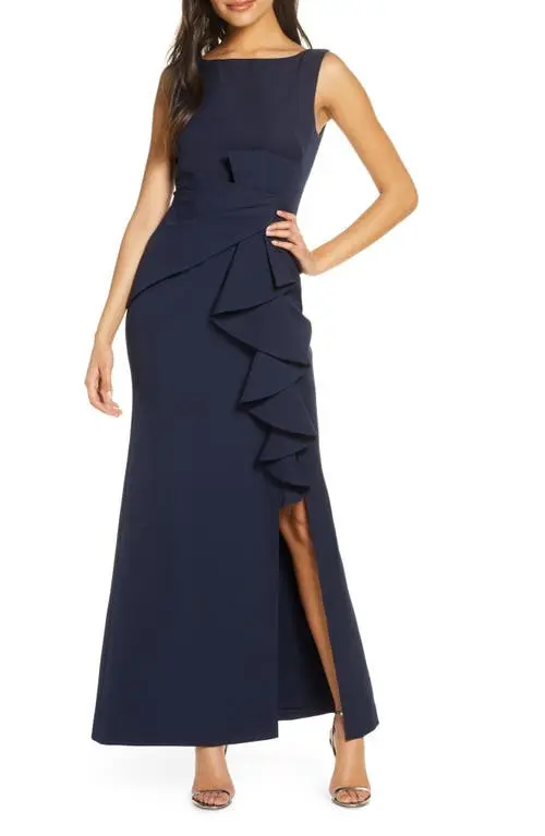 Eliza J Ruffle Front Gown - Navy