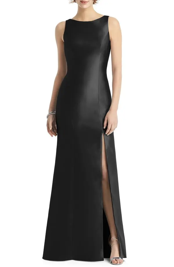 Alfred Sung Bateau Neck Trumpet Gown Black Editorialist