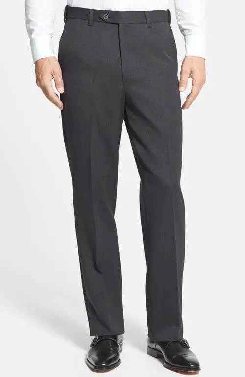 Berle Self Sizer Waist Flat Front Wool Gabardine Trousers - Charcoal