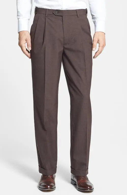 Berle Self Sizer Waist Plain Weave Pleated Washable Trousers - Brown