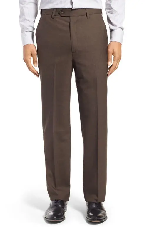 Berle Self Sizer Waist Flat Front Trousers - Brown
