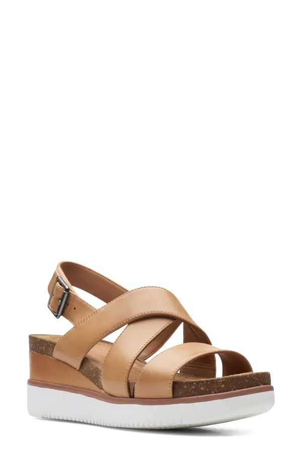 Clarks Lizby Cross Strap Platform Wedge Sandal Sand Leather - Main Image