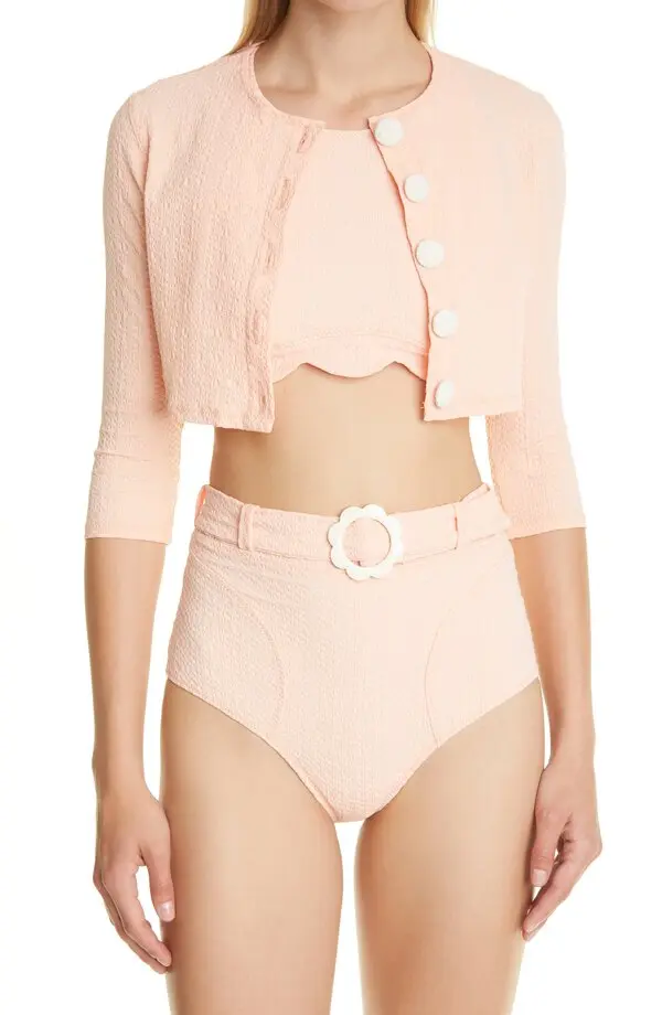 Lisa Marie Fernandez Seersucker Crop Cover-Up Cardigan In Peach 