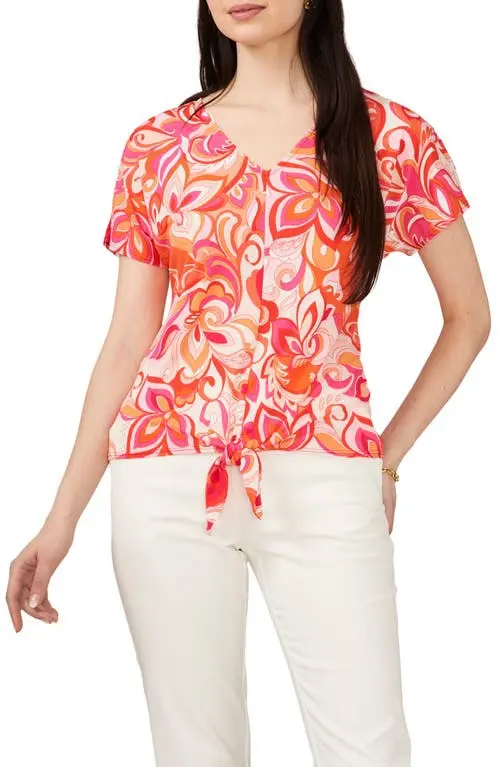 Chaus V-neck Tie Front Top - Peach/red/coral