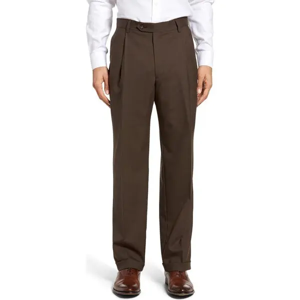 Berle Lightweight Pleated Classic Fit Trousers - Brown