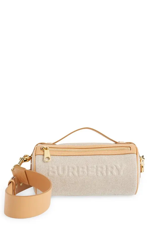 Burberry Embossed Logo Canvas Leather Barrel Bagbrown Soft