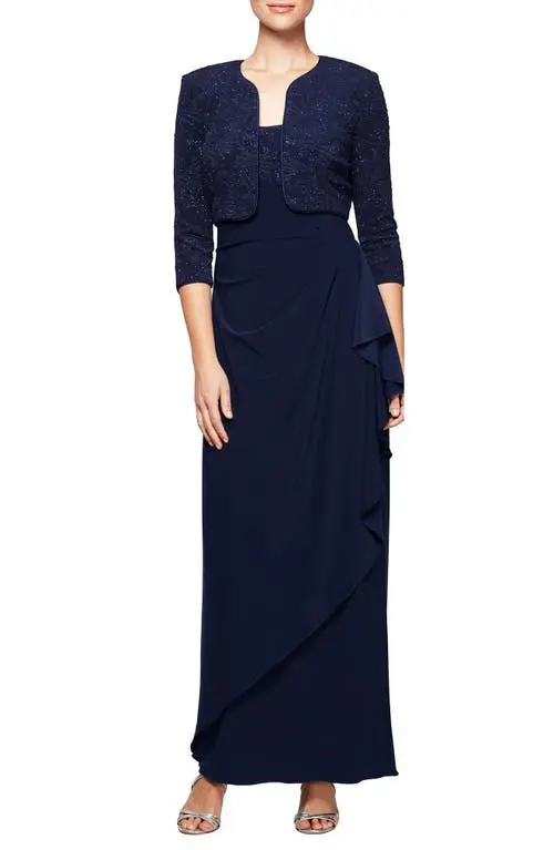 Alex Evenings Draped Column Gown With Bolero Jacket - Navy
