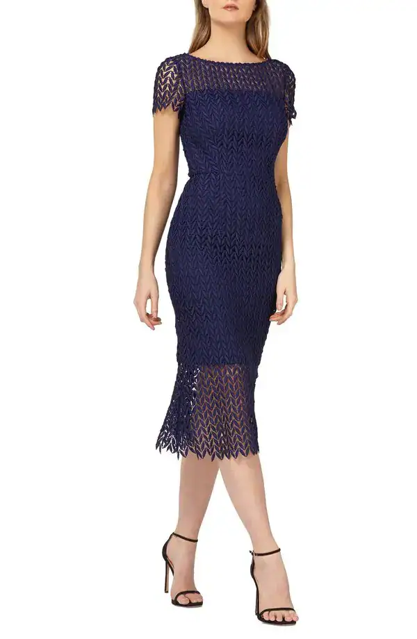 kay unger lace cocktail dress Kay Unger Tatum Floral Lace Midi Cocktail Dress - Navy