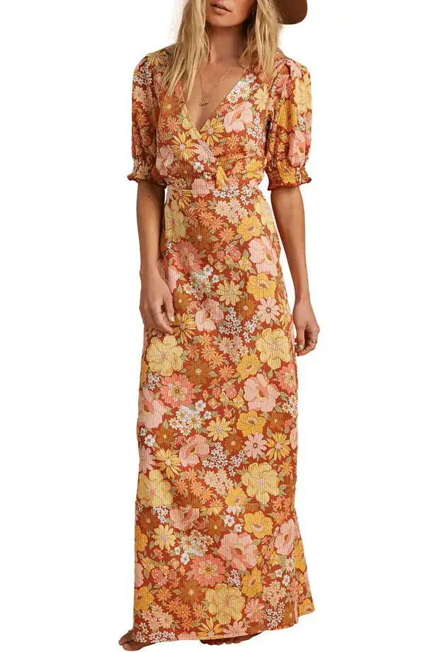 Billabong X The Salty Blonde Hello There Puff Sleeve Seersucker Maxi Dress  In Bronze - 40% Off | Editorialist