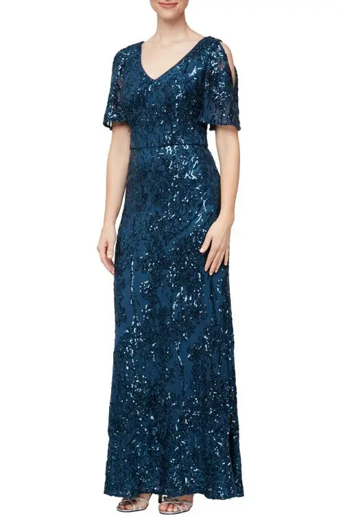 Alex Evenings Sequin Lace Cold Shoulder Trumpet Gown - Deep Ocean