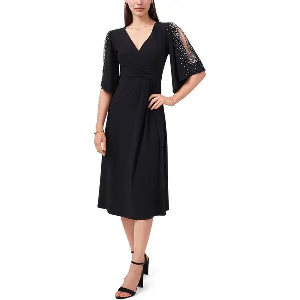 Chaus Split Sleeve Beaded Midi Dress - Black